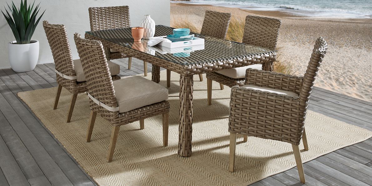 Siesta Key Driftwood 5 Pc 72 in. Rectangle Outdoor Dining Set with Sand Cushions Rooms To Go